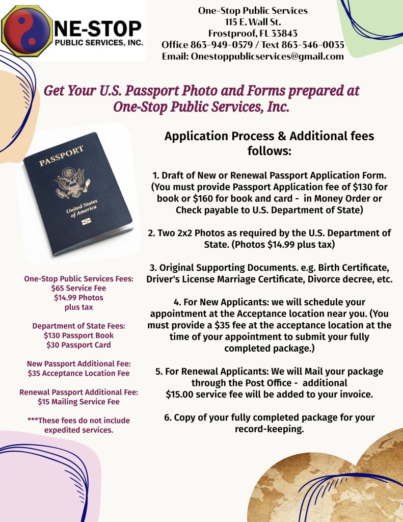 US PASSPORT FORMS AND PHOTO SERVICES - One-Stop Public Services, Inc.